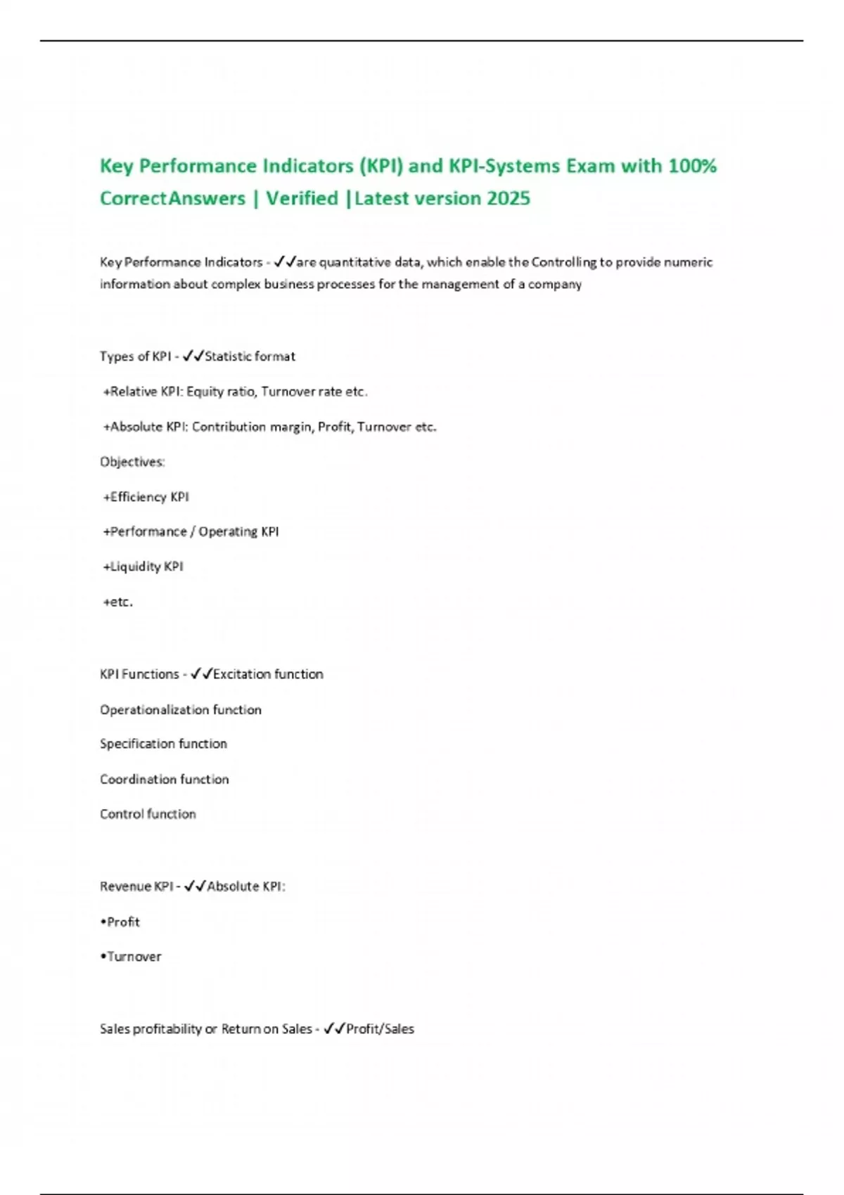 Key Performance Indicators (KPI) and KPI-Systems Exam with 100% Correct Answers | Verified ...
