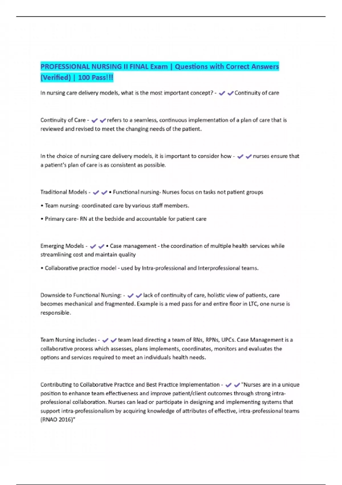 PROFESSIONAL NURSING II FINAL Exam | Questions with Correct Answers ...