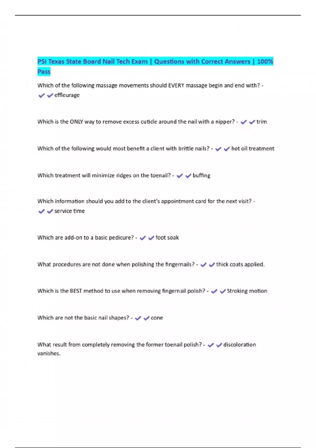 PSI Texas State Board Nail Tech Exam | Questions with Correct Answers ...