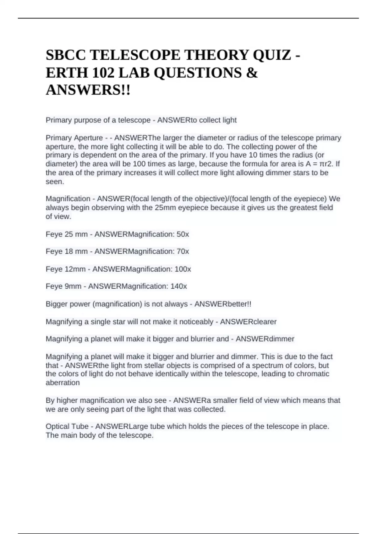 SBCC TELESCOPE THEORY QUIZ -ERTH 102 LAB QUESTIONS & ANSWERS!! - SBCC ...