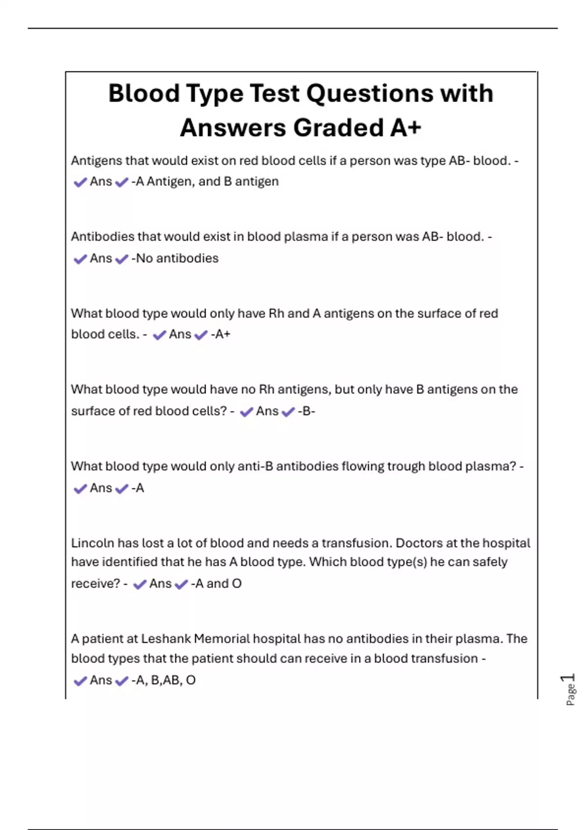 Blood Type Test Questions with Answers Graded A+ - Blood Type - Stuvia US