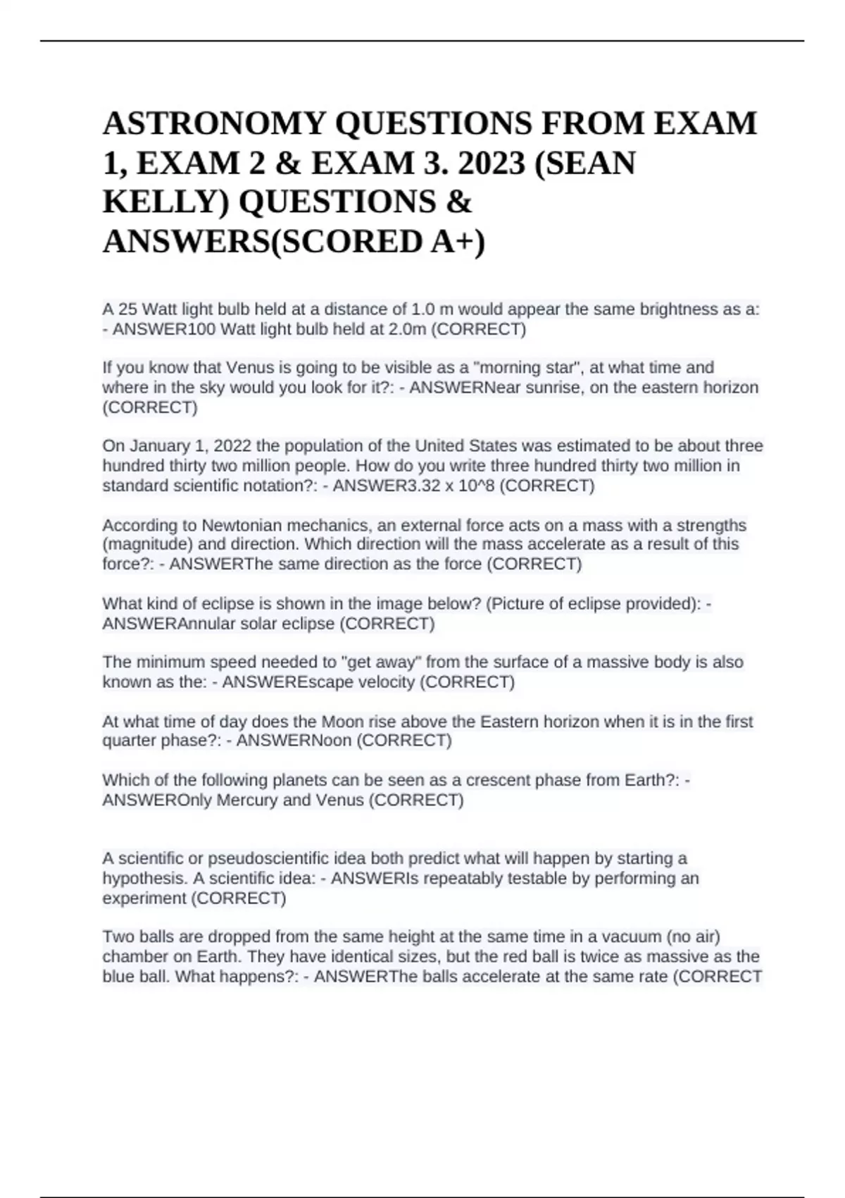 ASTRONOMY QUESTIONS FROM EXAM 1, EXAM 2 & EXAM 3. 2023 (SEAN KELLY ...