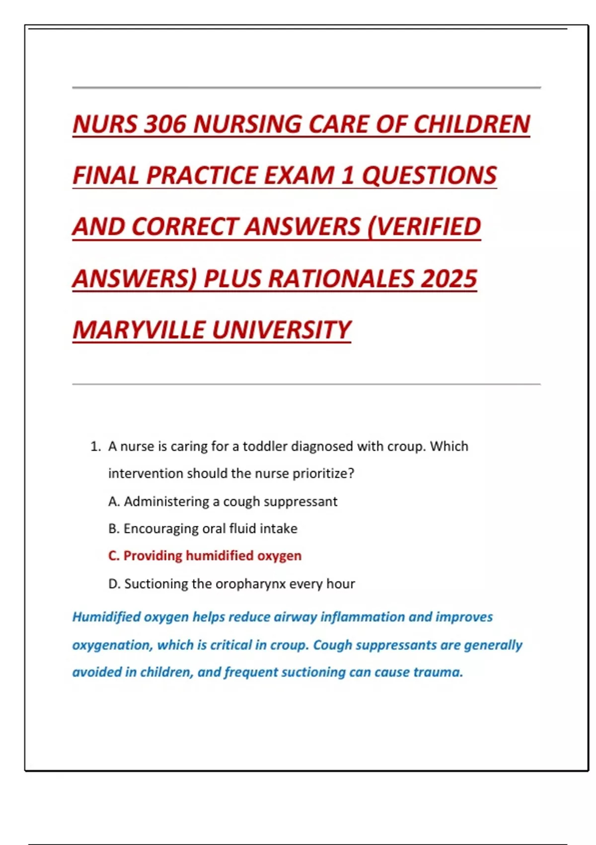 NURS 306 NURSING CARE OF CHILDREN FINAL PRACTICE EXAM 1 QUESTIONS AND ...