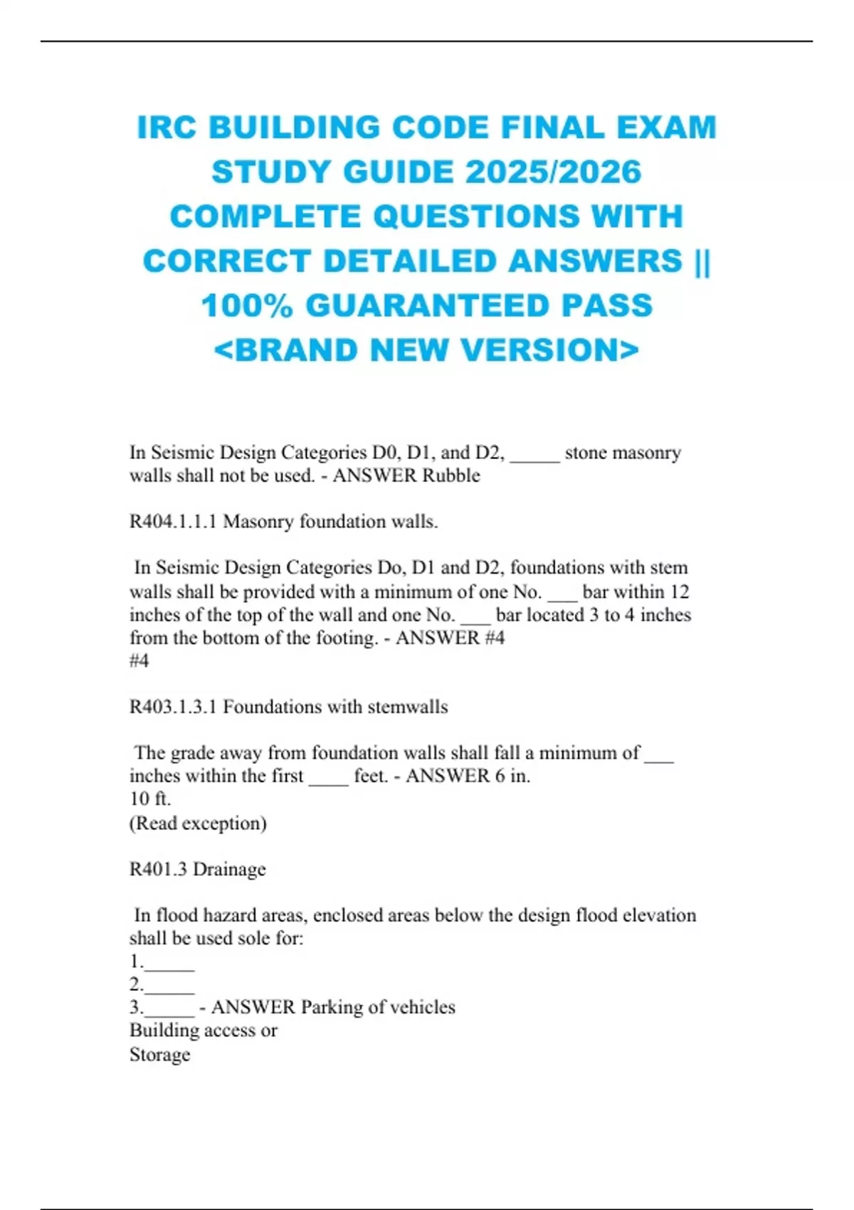 IRC BUILDING CODE FINAL EXAM STUDY GUIDE 2025/2026 COMPLETE QUESTIONS WITH CORRECT DETAILED ...