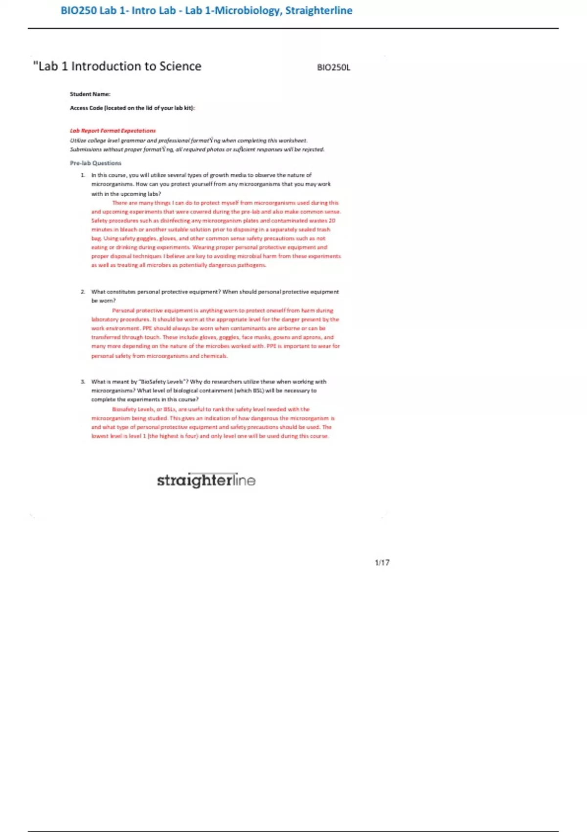 Straighterline Microbiology Lab BIO250L Lab 1 Introduction to Science ...