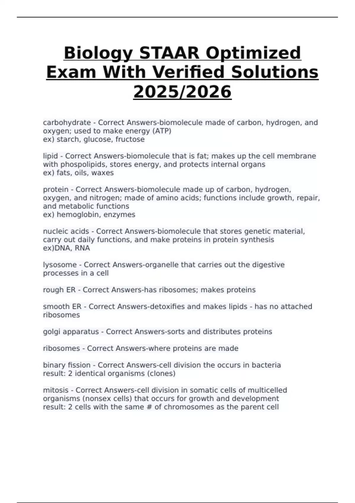 Biology STAAR Optimized Exam | Verified Solutions 2025/2026 - Biology ...