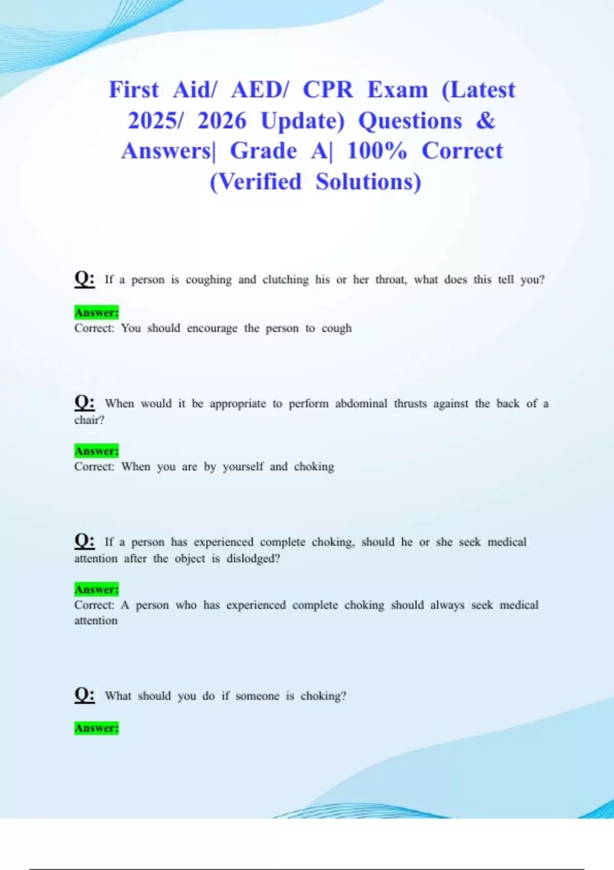 First Aid/ AED/ CPR Exam (Latest 2025/ 2026 Update) Questions & Answers ...