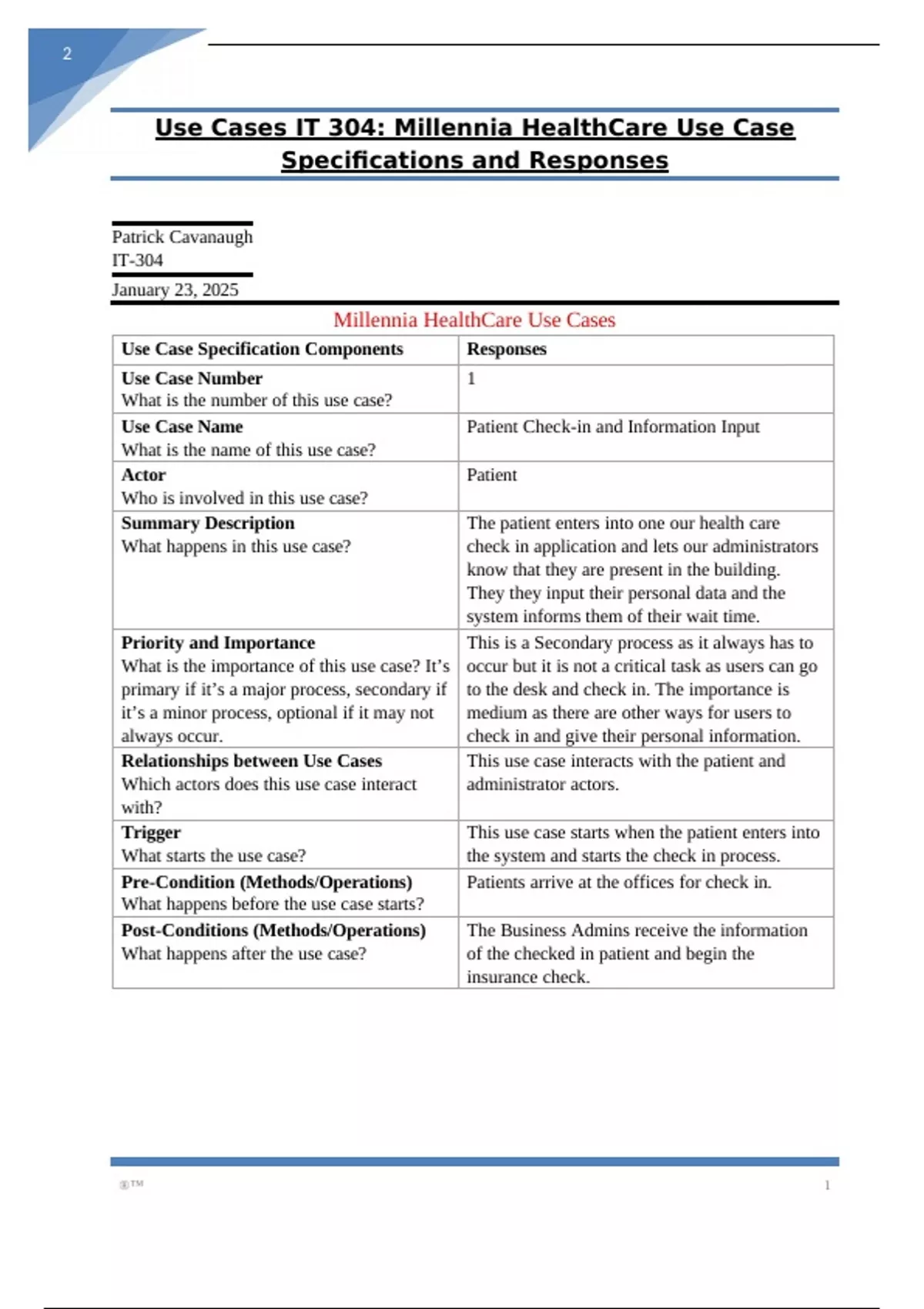 Use Cases IT 304: Millennia HealthCare Use Case Specifications and Responses - Use Cases IT 304 ...