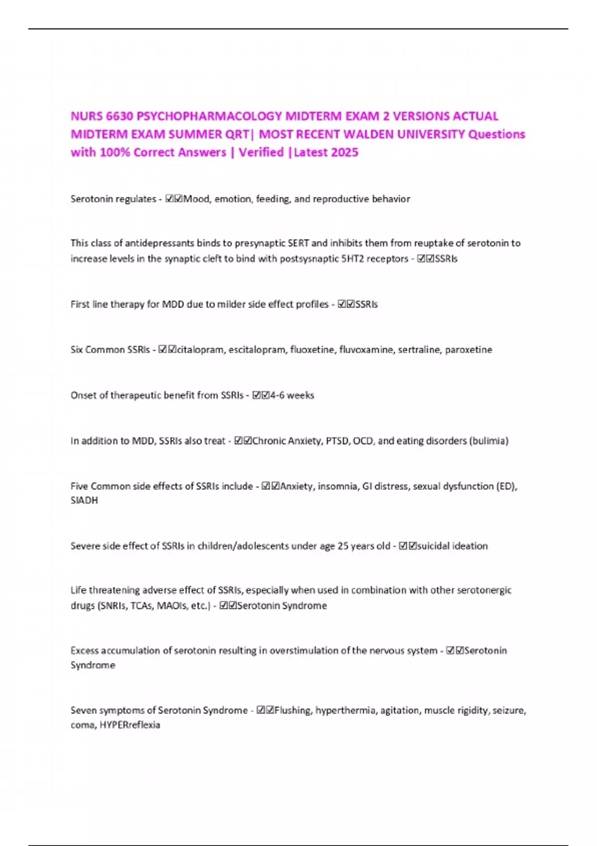 NURS 6630 PSYCHOPHARMACOLOGY MIDTERM EXAM 2 VERSIONS ACTUAL MIDTERM EXAM SUMMER QRT| MOST RECENT ...