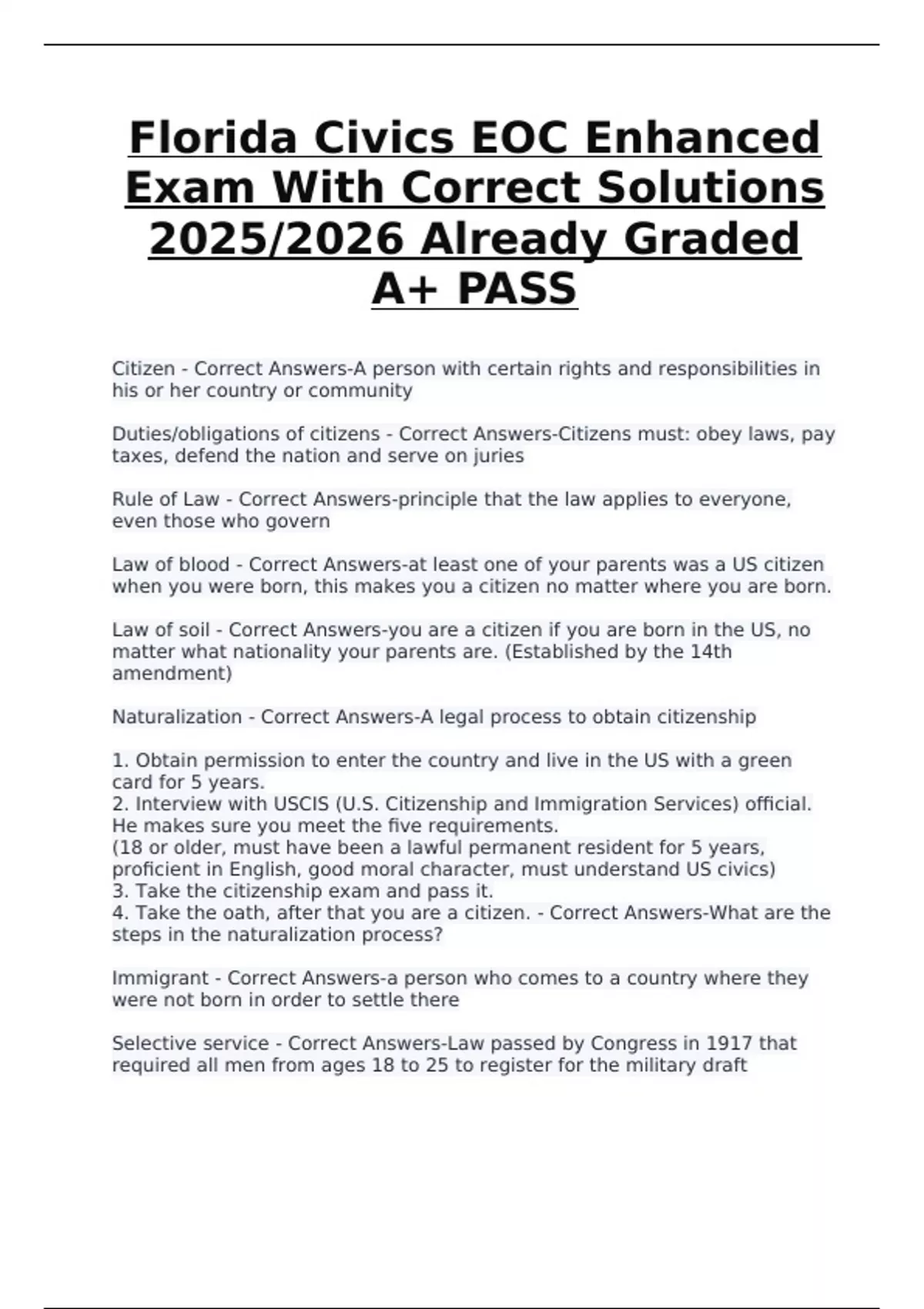 Florida Civics EOC Enhanced Exam | Correct Solutions 2025/2026 | A+ ...