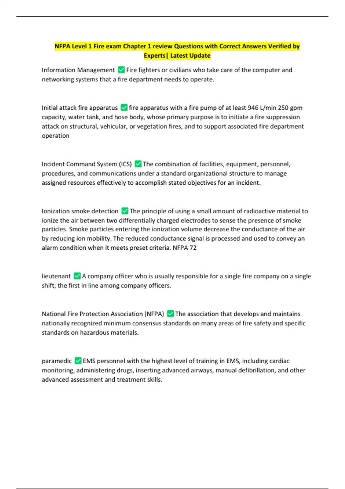 NFPA Level 1 Fire exam Chapter 1 review Questions with Correct Answers ...