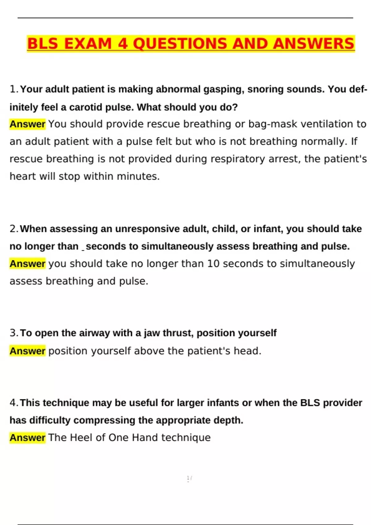 BLS EXAM 4 Actual 2025 Questions and Verified Answers (2025 / 2026)/ A+ ...