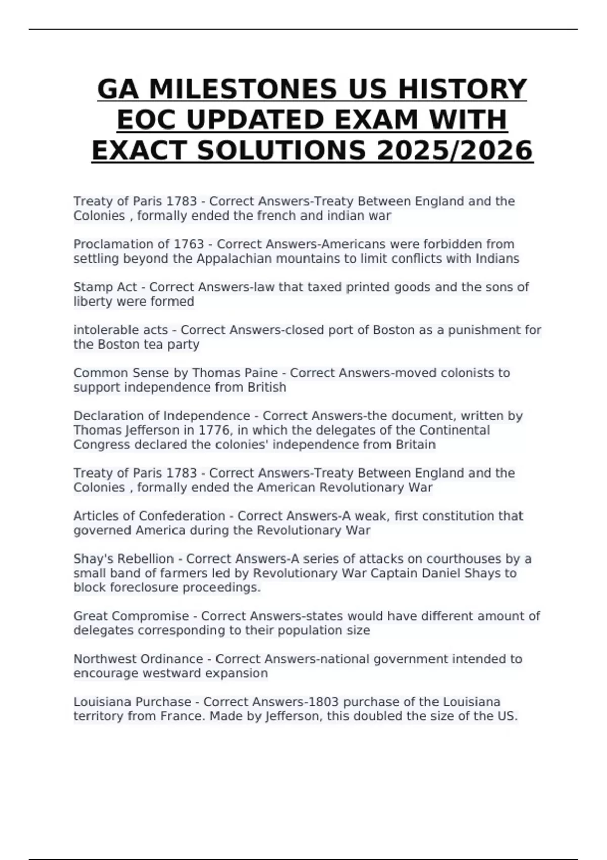 GA Milestones U.S. History EOC Updated Exam | Exact Solutions 2025/2026 ...