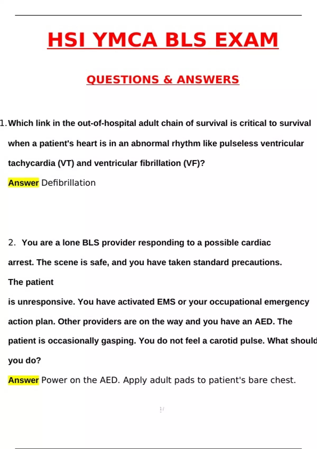 HSI YMCA BLS EXAM Actual 2025 Questions and Verified Answers (2025 / ...
