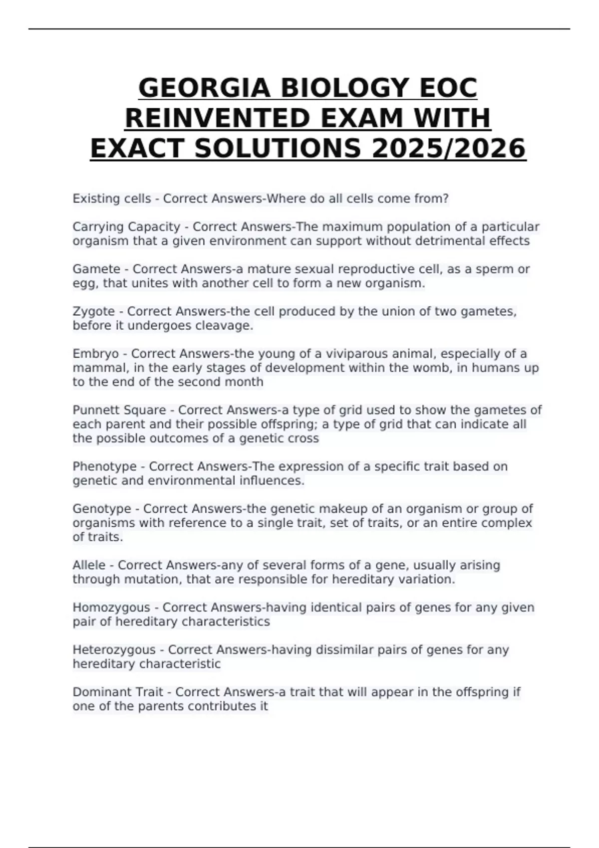 Georgia Biology EOC Reinvented Exam | Exact Solutions 2025/2026 ...