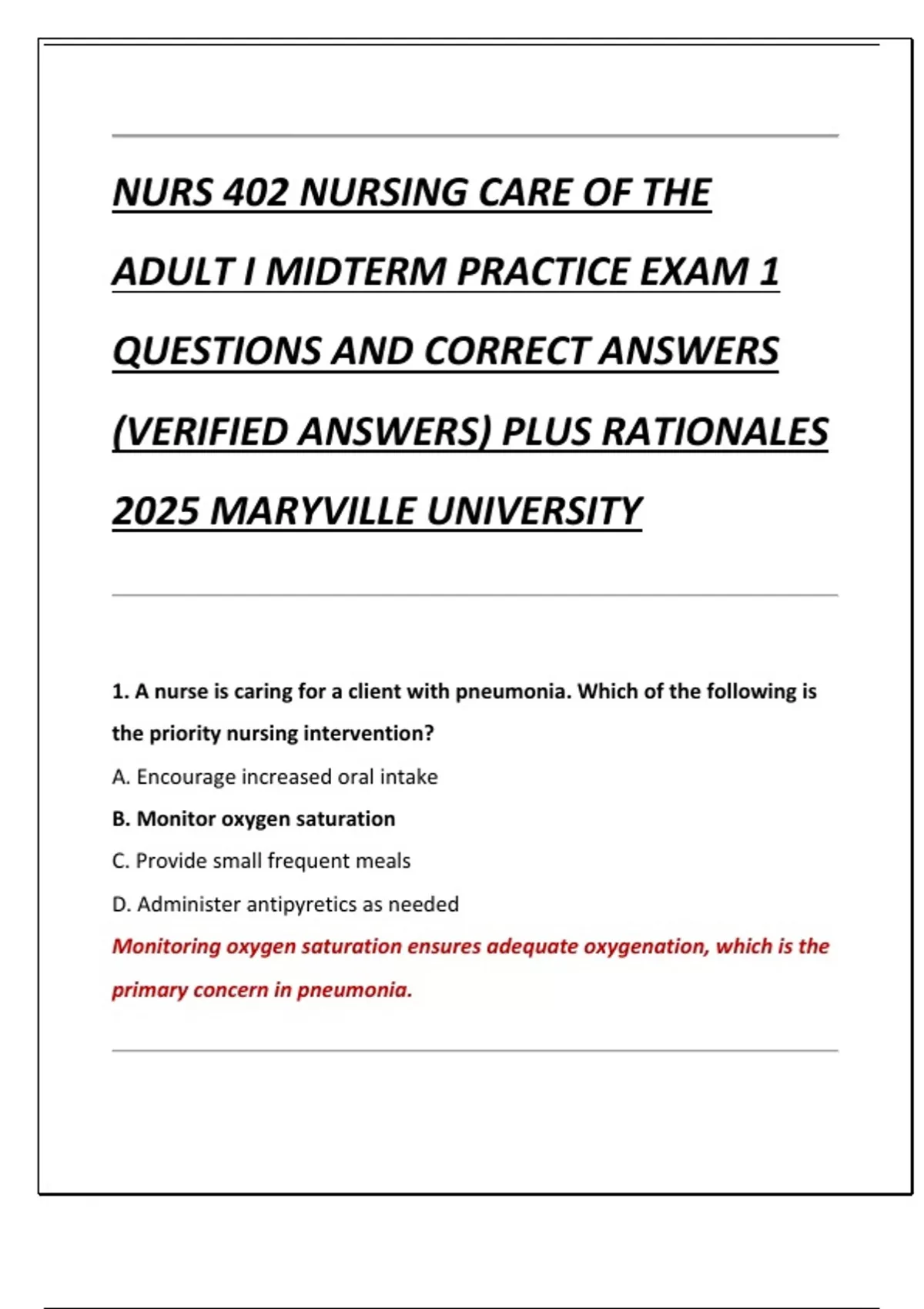 Compilation bundle for NURS 402 NURSING CARE OF THE ADULT I MIDTERM EXAMS QUESTIONS AND CORRECT ...