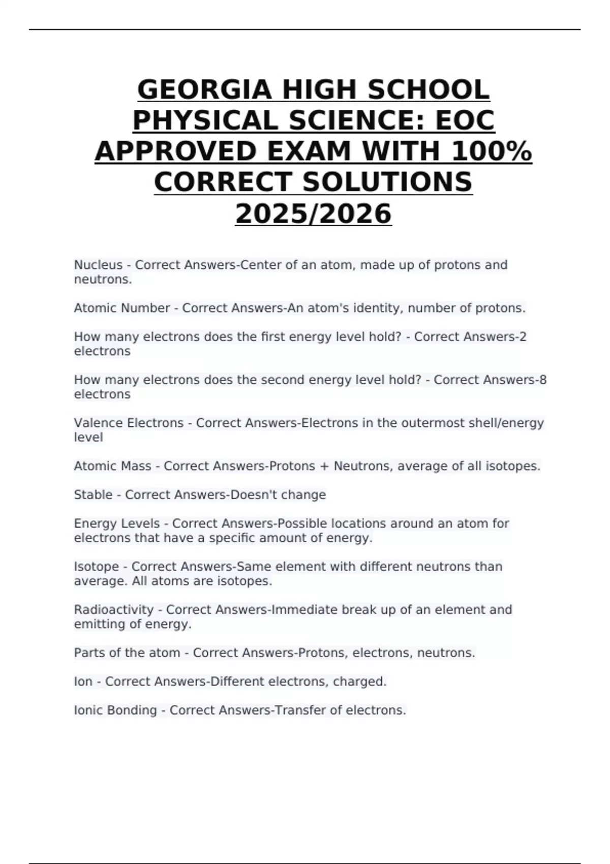 Georgia High School Physical Science: EOC Approved Exam | 100% Correct ...