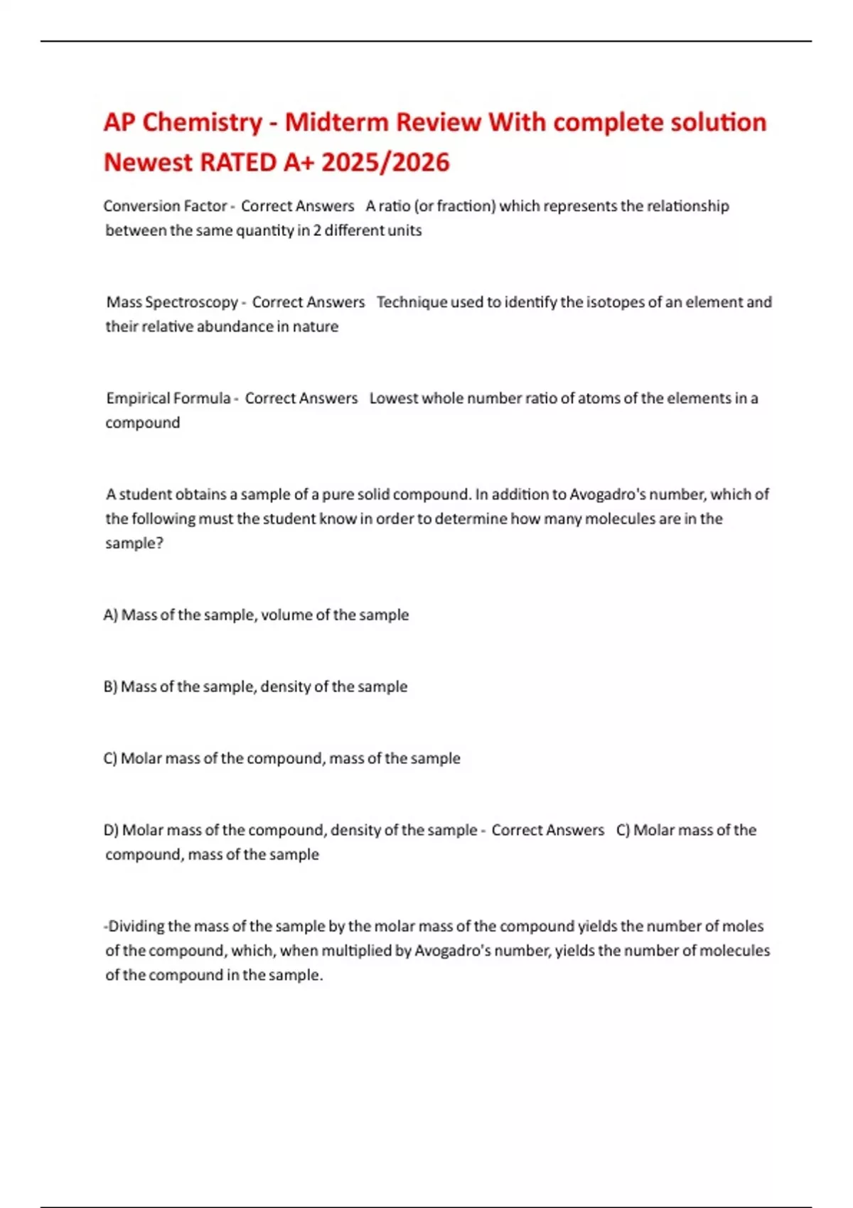 AP Chemistry - Midterm Review With complete solution Newest RATED A+ ...