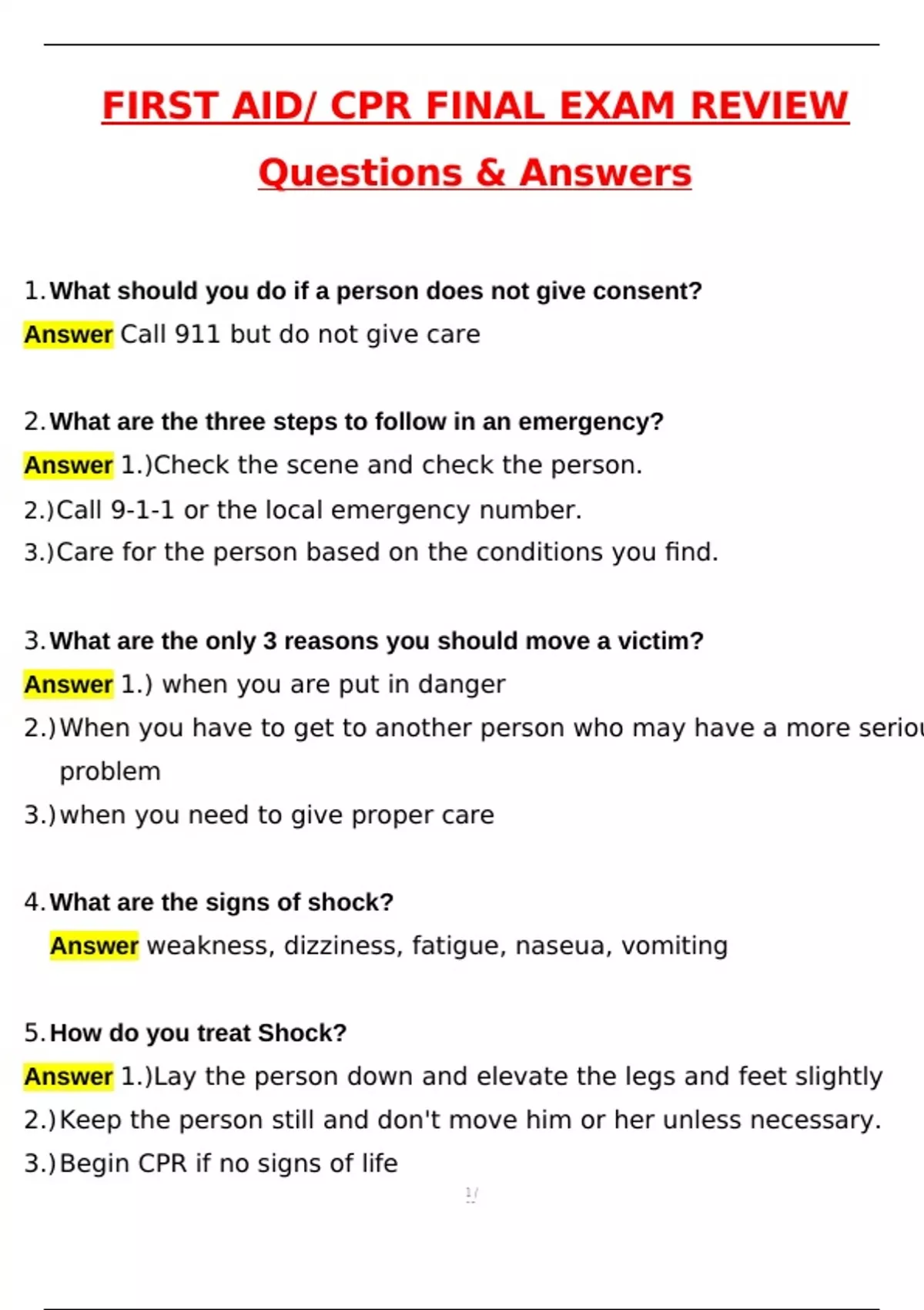 First AID CPR Final Exam Review (Latest 2025 / 2026 Update) Questions ...