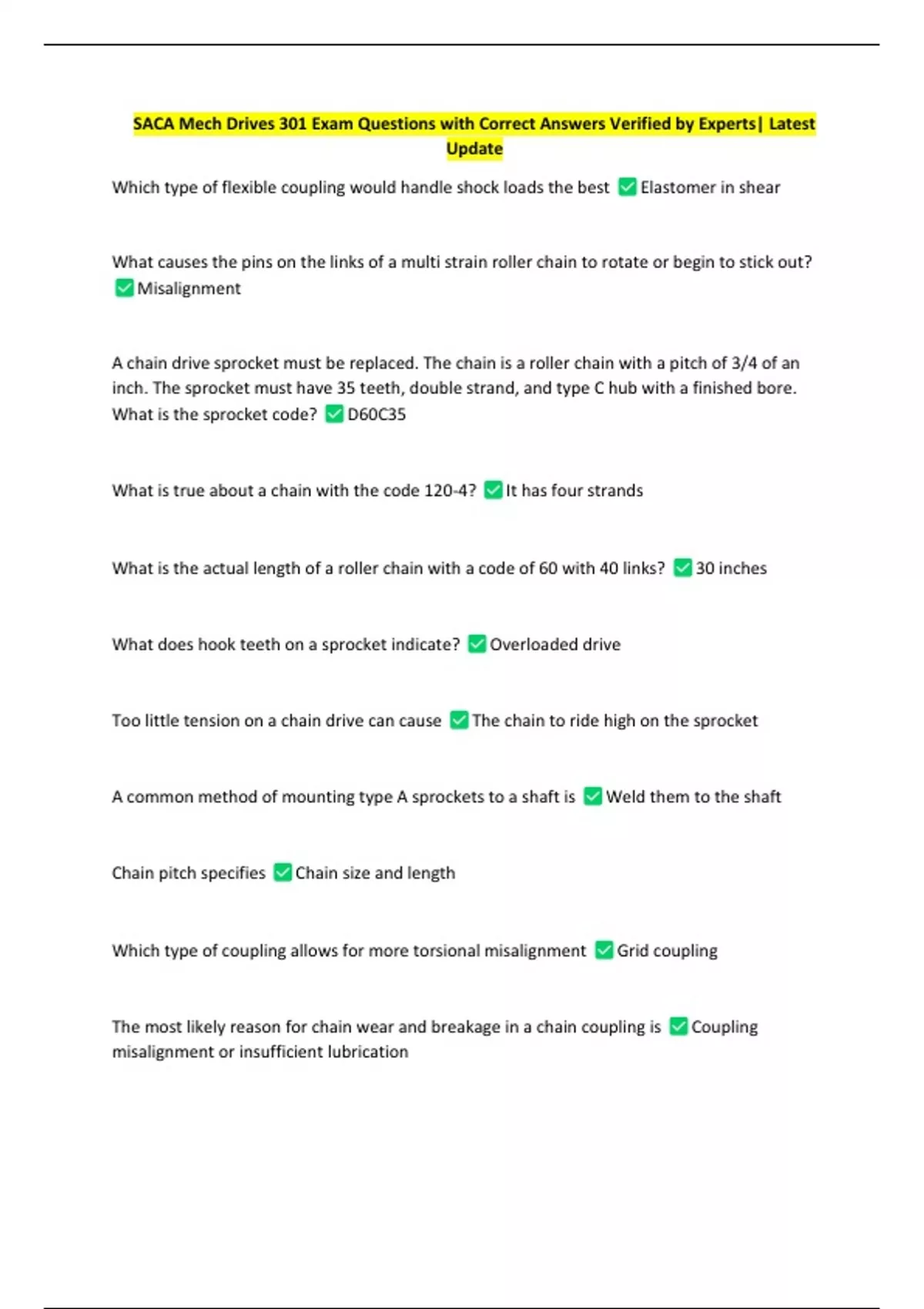 SACA Mech Drives 301 Exam Questions with Correct Answers Verified by ...