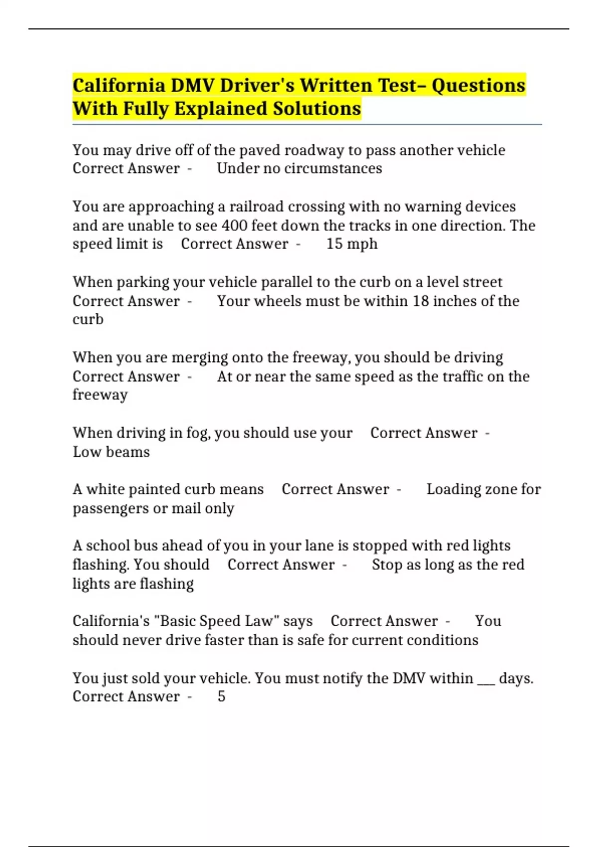 California DMV Driver's Written Test– Questions With Fully Explained ...