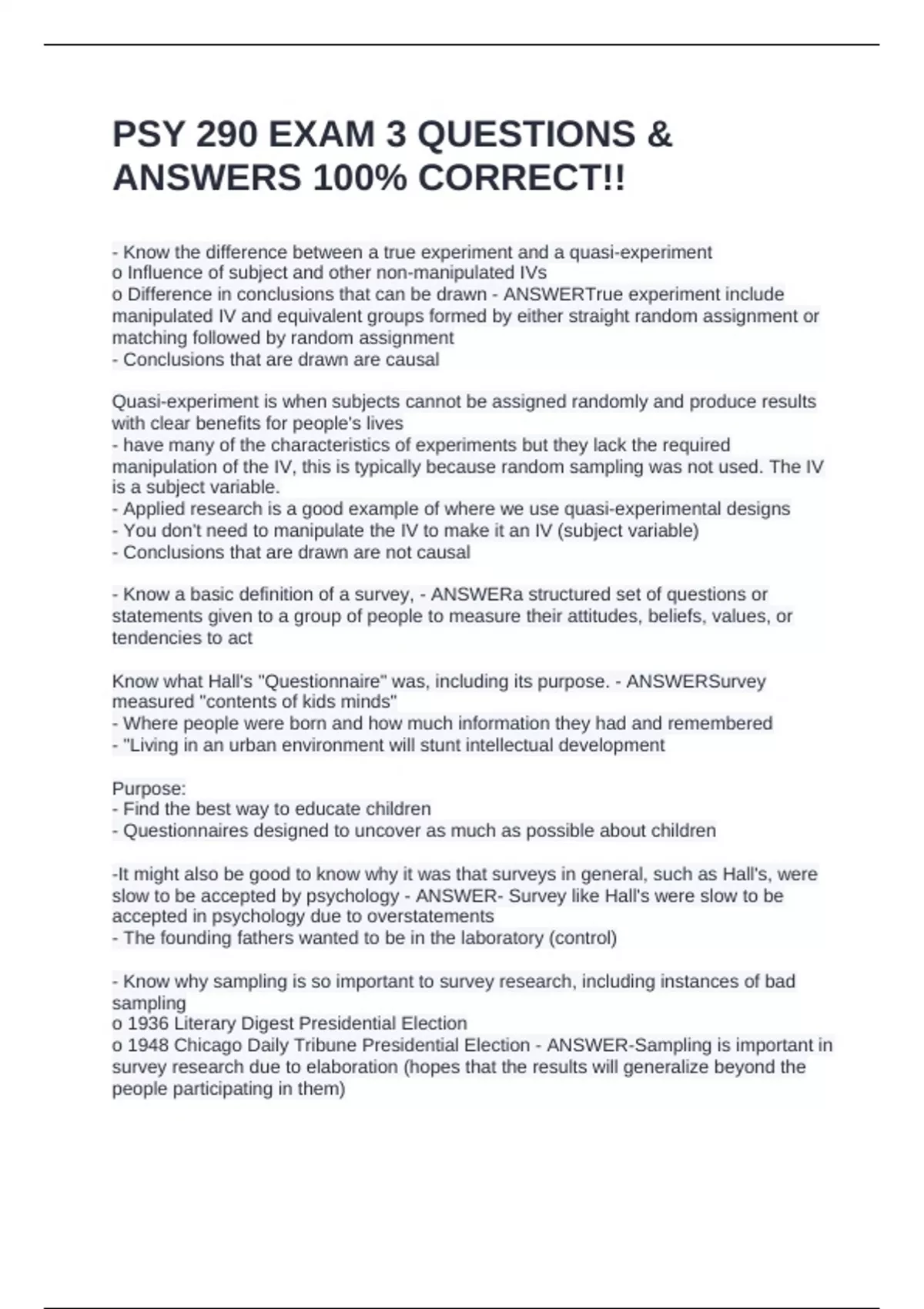 PSY 290 EXAM 3 QUESTIONS & ANSWERS 100% CORRECT!! - PSY 290 - Stuvia US