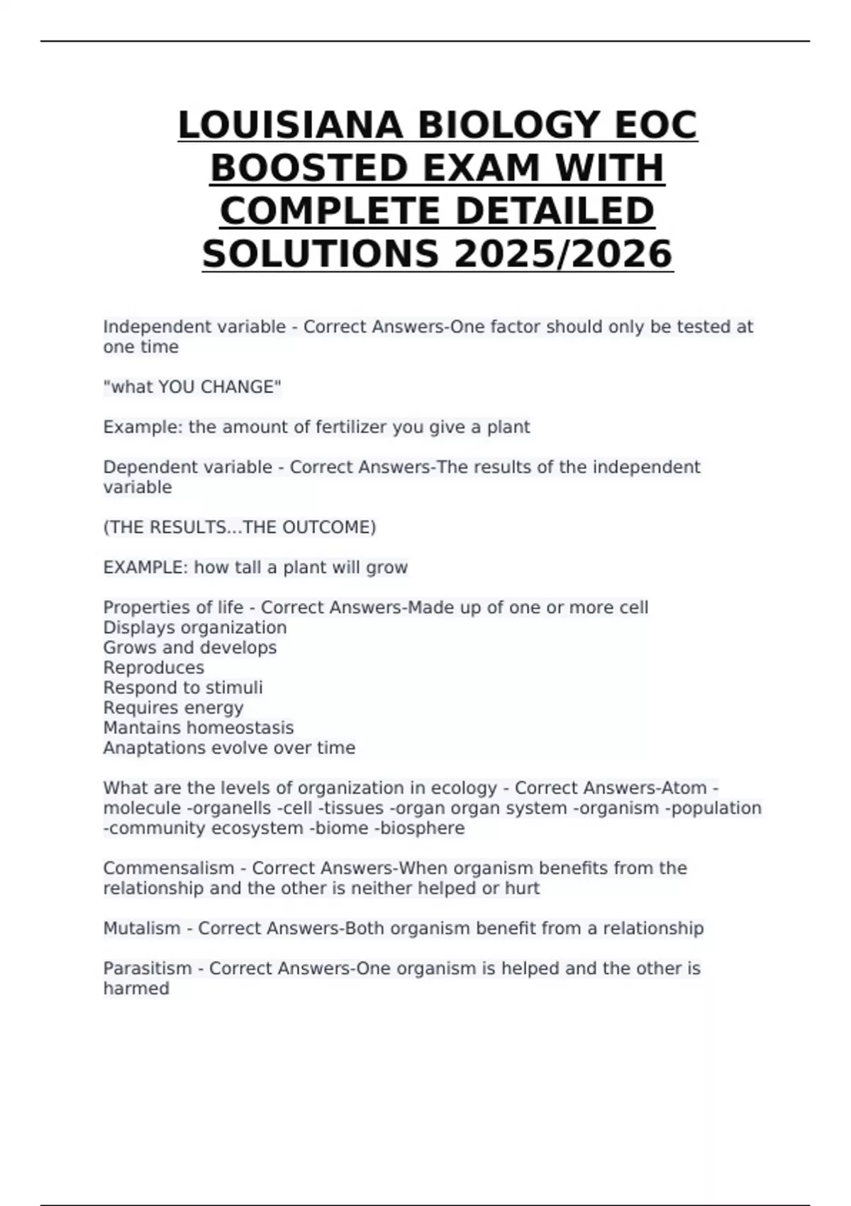 Louisiana Biology EOC Boosted Exam – Complete Detailed Solutions – 2025 ...