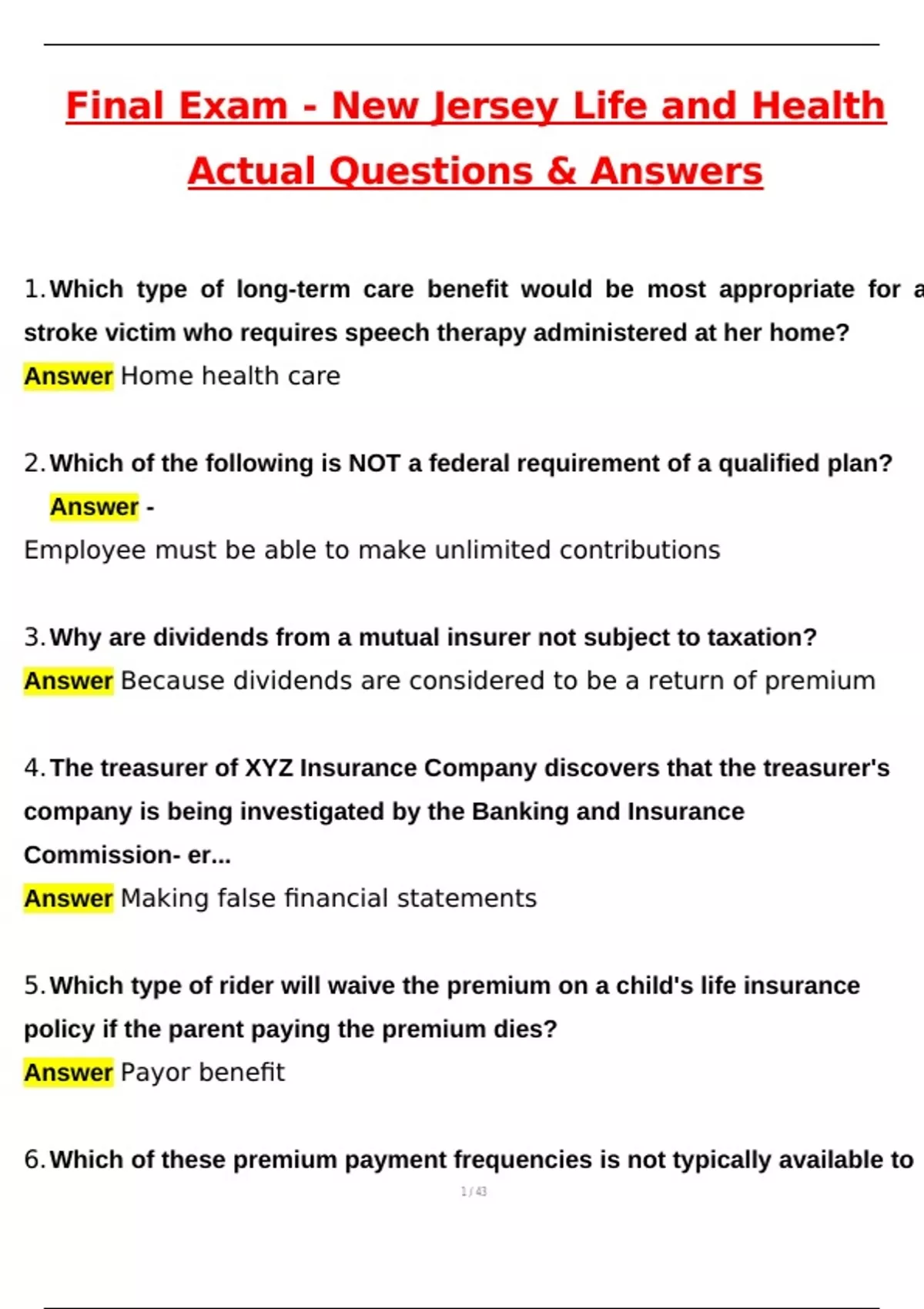 New Jersey Life and Health Final Exam Actual 2025 Questions and ...