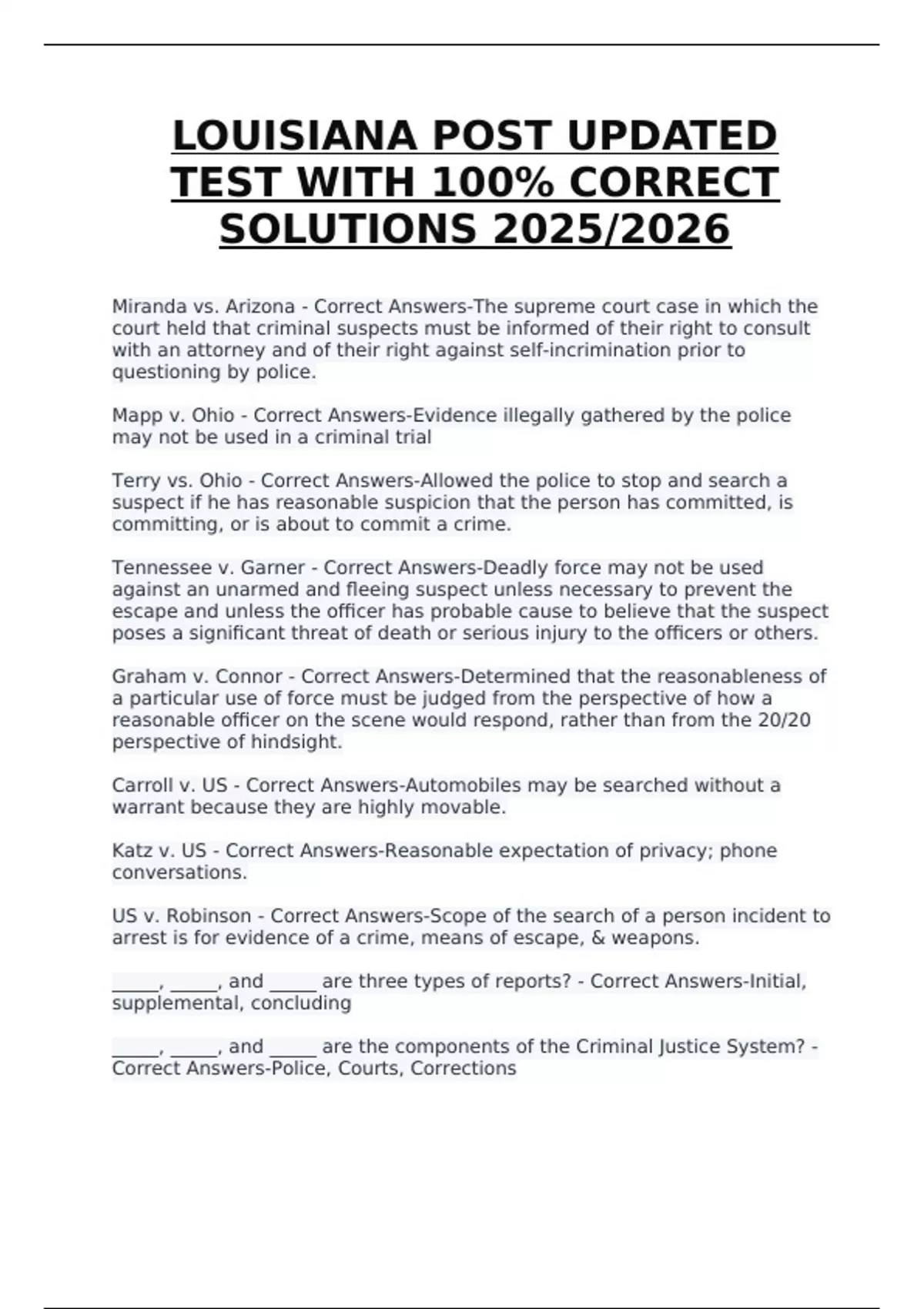 Louisiana POST Updated Test – 100% Correct Solutions – 2025/2026 ...
