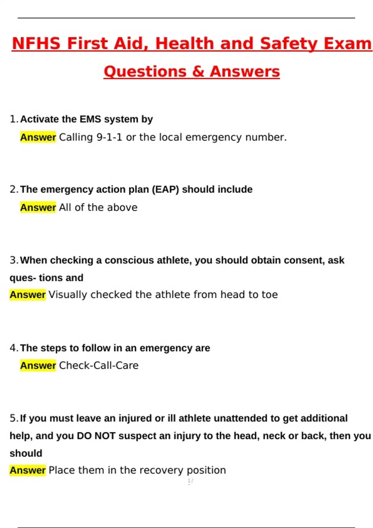 NFHS First Aid, Health and Safety Test Actual 2025 Questions and ...