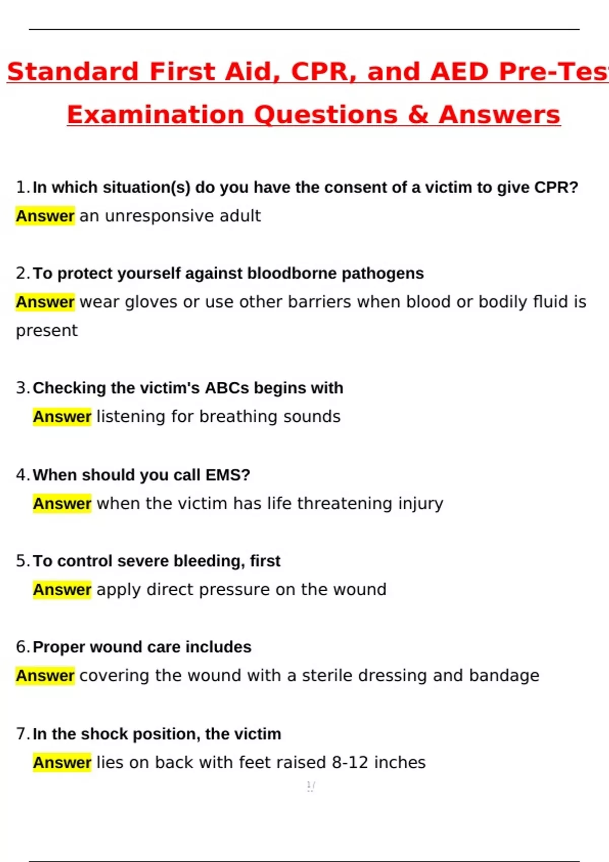 Standard First Aid, CPR, and AED Pre-Test Examination Actual 2025 ...