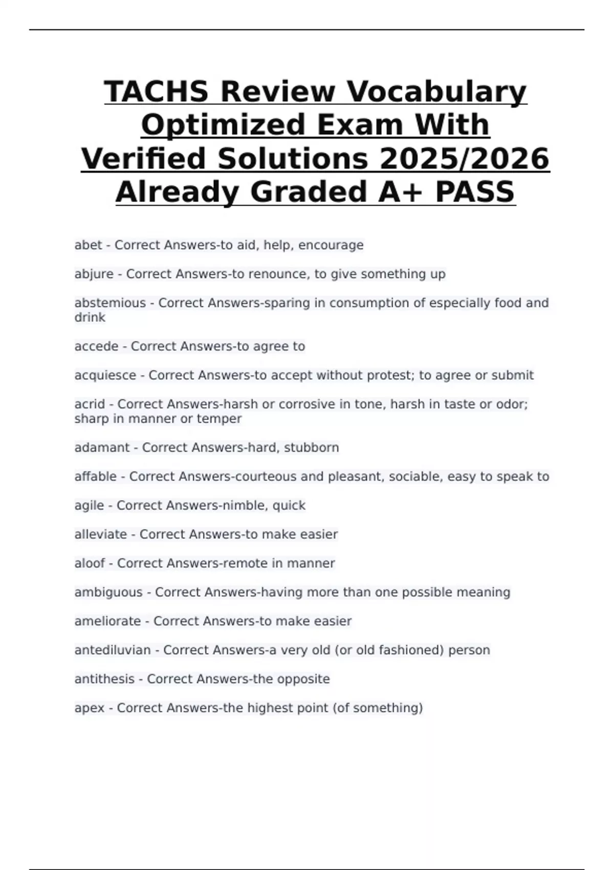 TACHS Review Vocabulary Optimized Exam – Verified Solutions – 2025/2026 ...