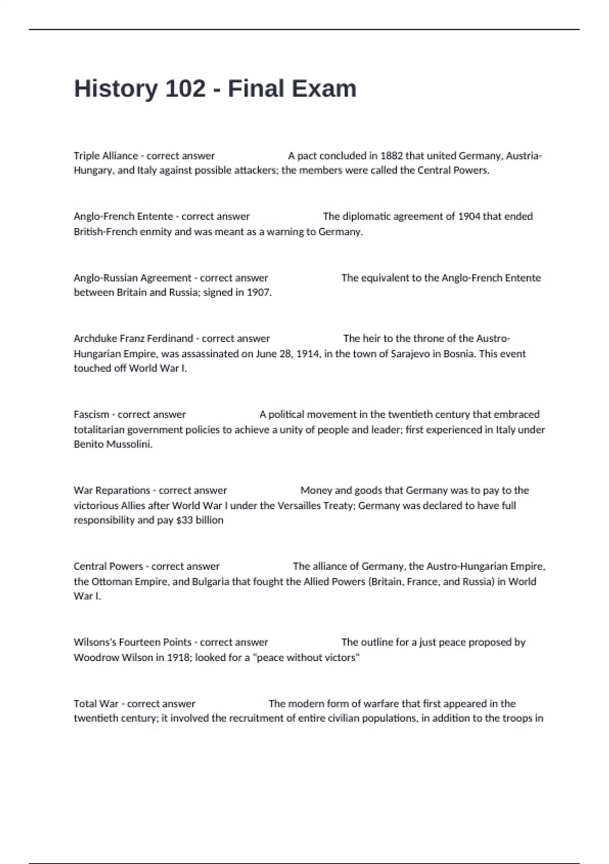 History 102 - Final Exam Possible Questions And Answers 100% Accurately ...