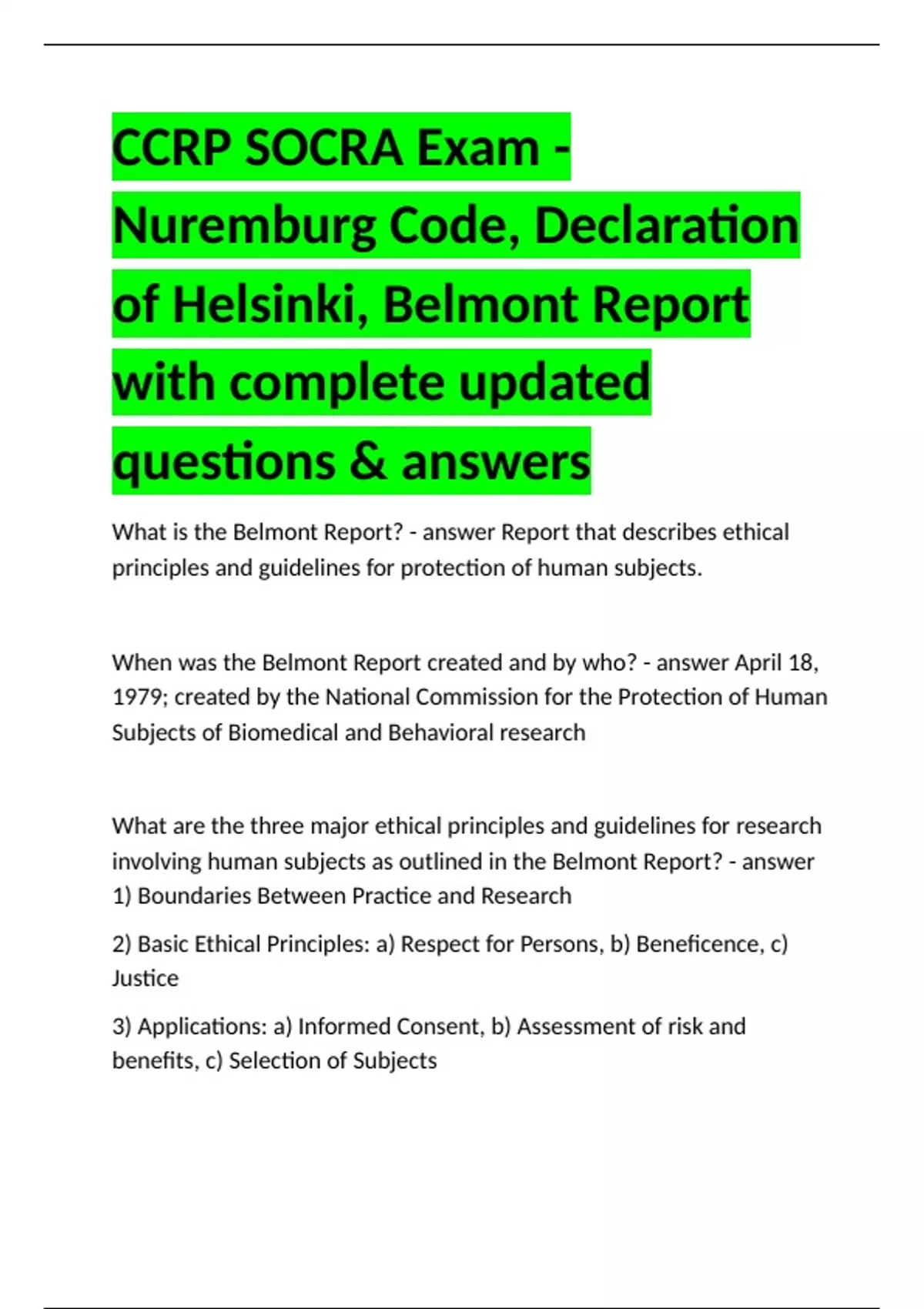 CCRP SOCRA Exam - Nuremburg Code, Declaration of Helsinki, Belmont ...