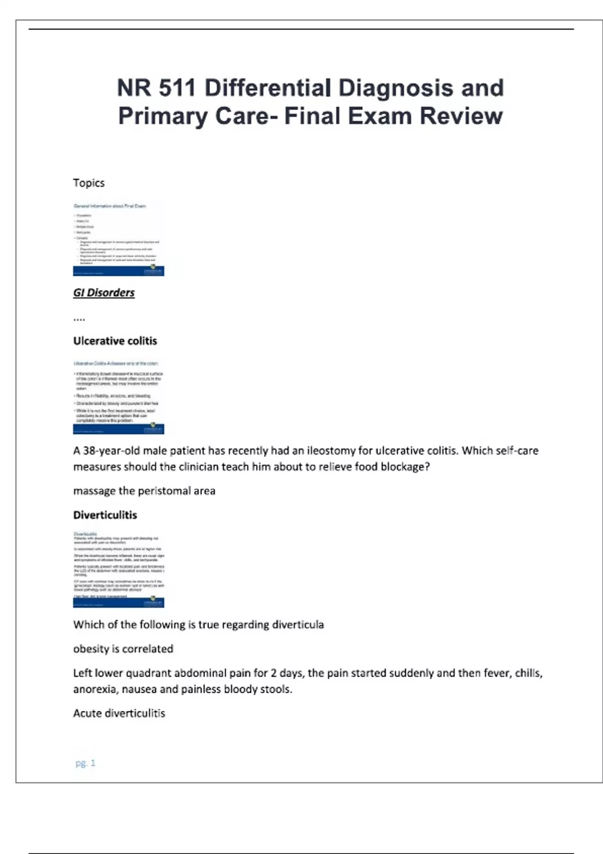 NR 511 Differential Diagnosis and Primary Care- Final Exam Review ...