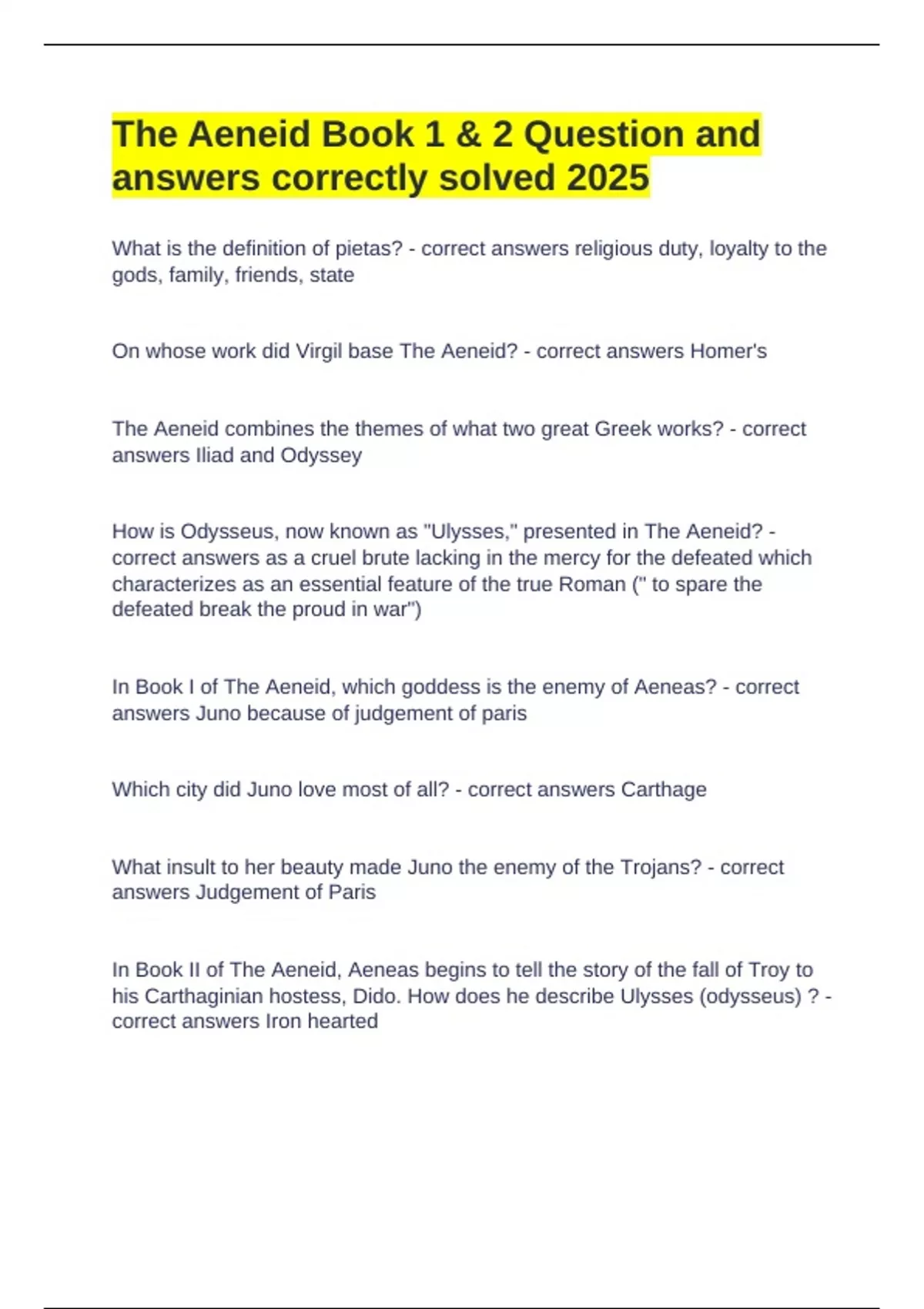 The Aeneid Book 1 & 2 Question and answers correctly solved 2025 - The ...