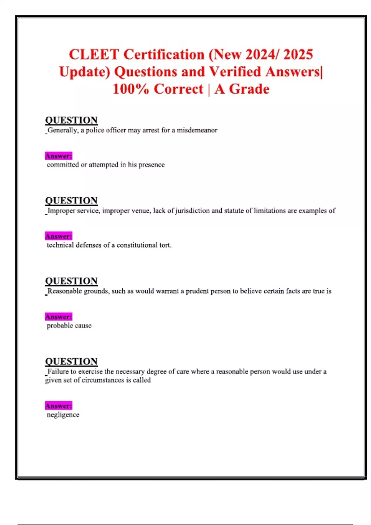 CLEET Certification (Latest 2025/2026 Update) Questions With Answers ...