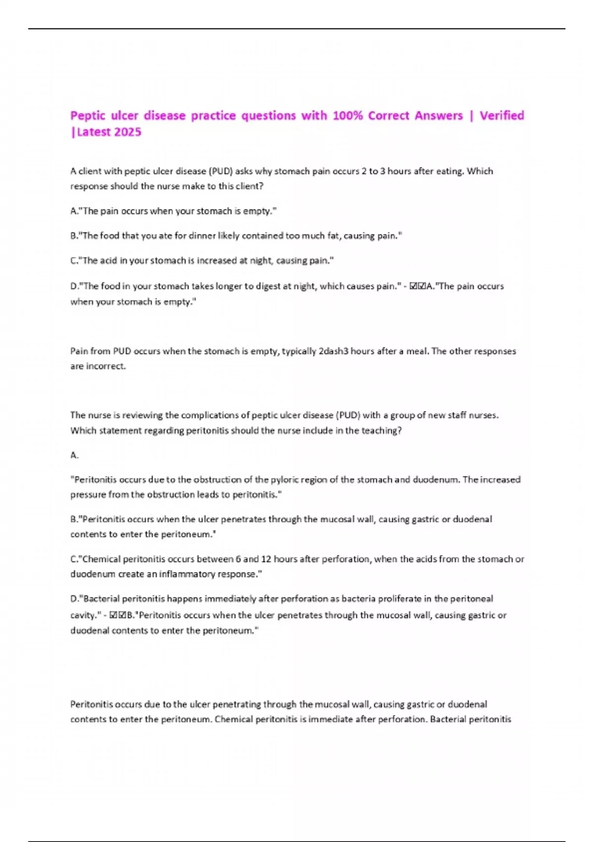 Peptic ulcer disease practice questions with 100% Correct Answers ...
