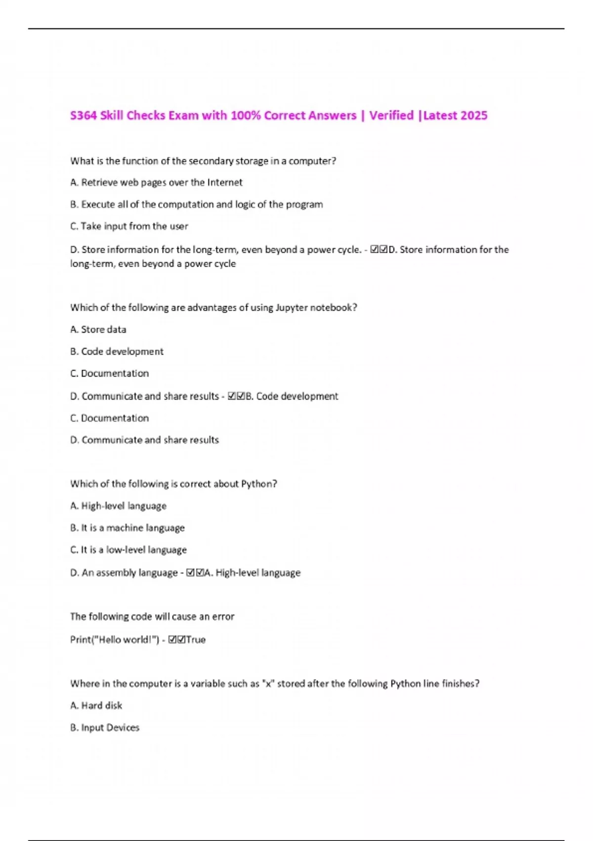 S364 Skill Checks Exam with 100% Correct Answers | Verified |Latest ...