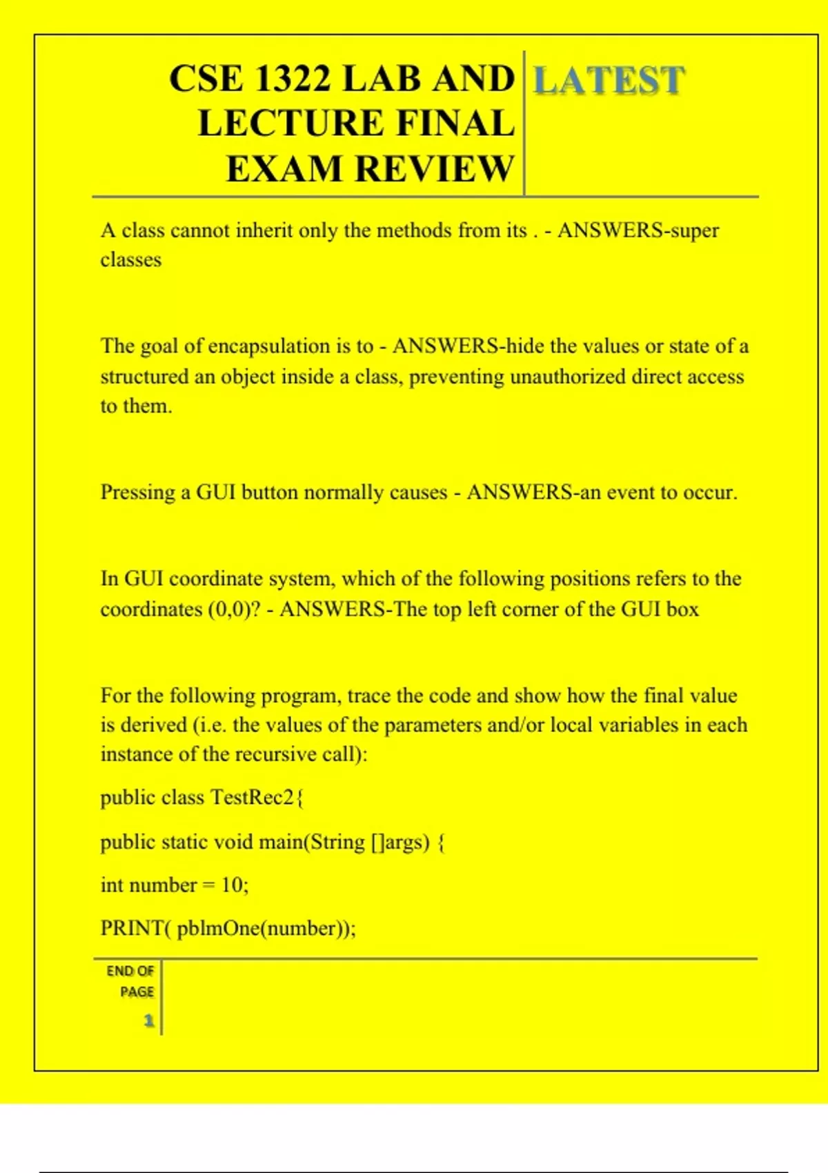 CSE 1322 LAB AND LECTURE FINAL EXAM REVIEW QUESTIONS AND ANSWERS 2025 - CSE 1322 LAB AND LECTURE ...