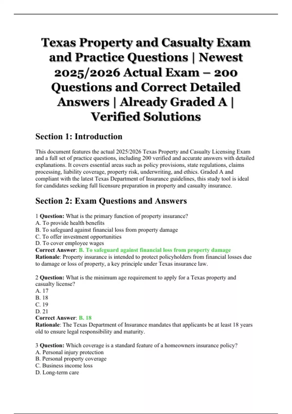 Texas Property and Casualty Exam and Practice Questions | 200 Verified ...