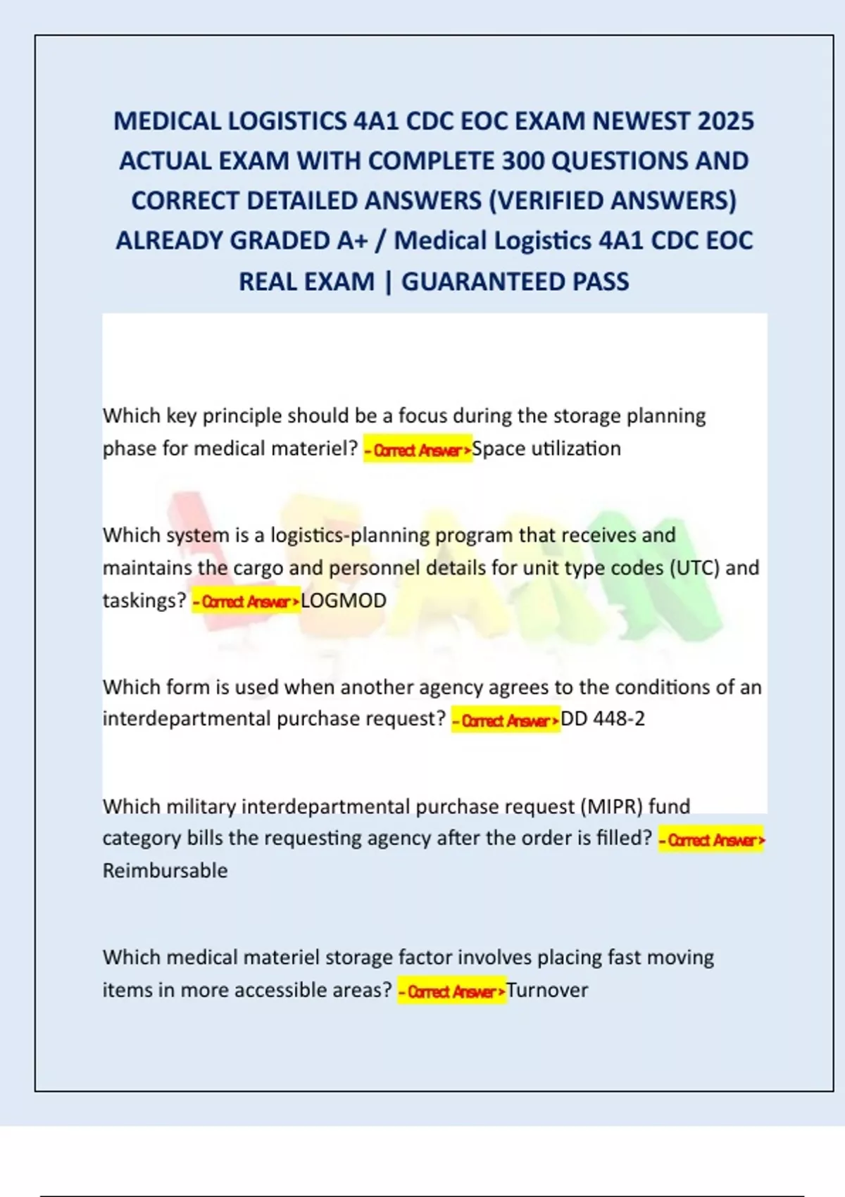 MEDICAL LOGISTICS 4A1 CDC EOC EXAM NEWEST 2025 ACTUAL EXAM WITH ...