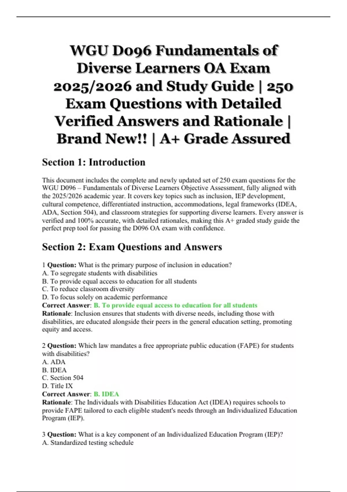 WGU D096 Fundamentals of Diverse Learners OA Exam and Study Guide | 250 ...
