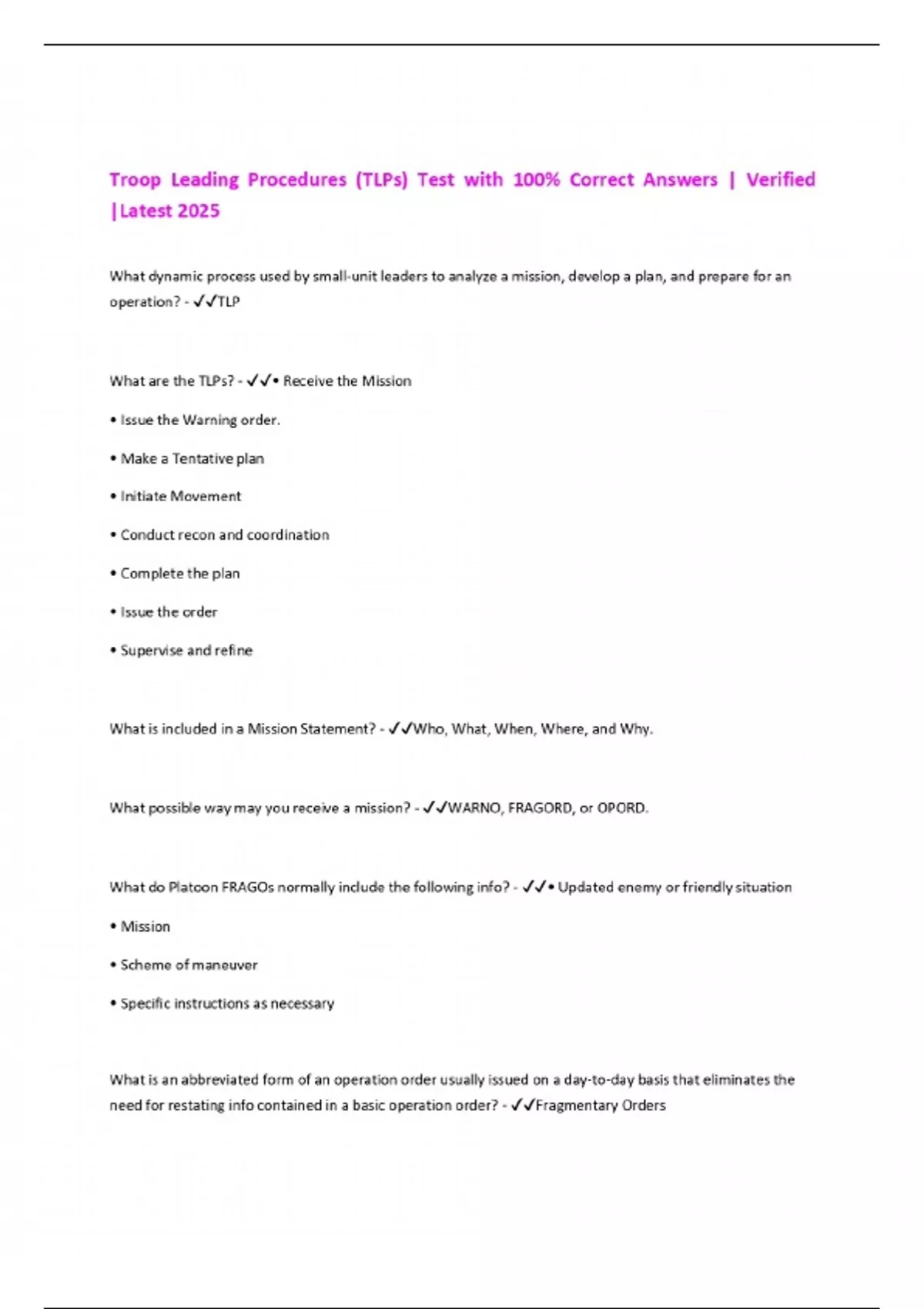 Troop Leading Procedures (TLPs) Test with 100% Correct Answers ...