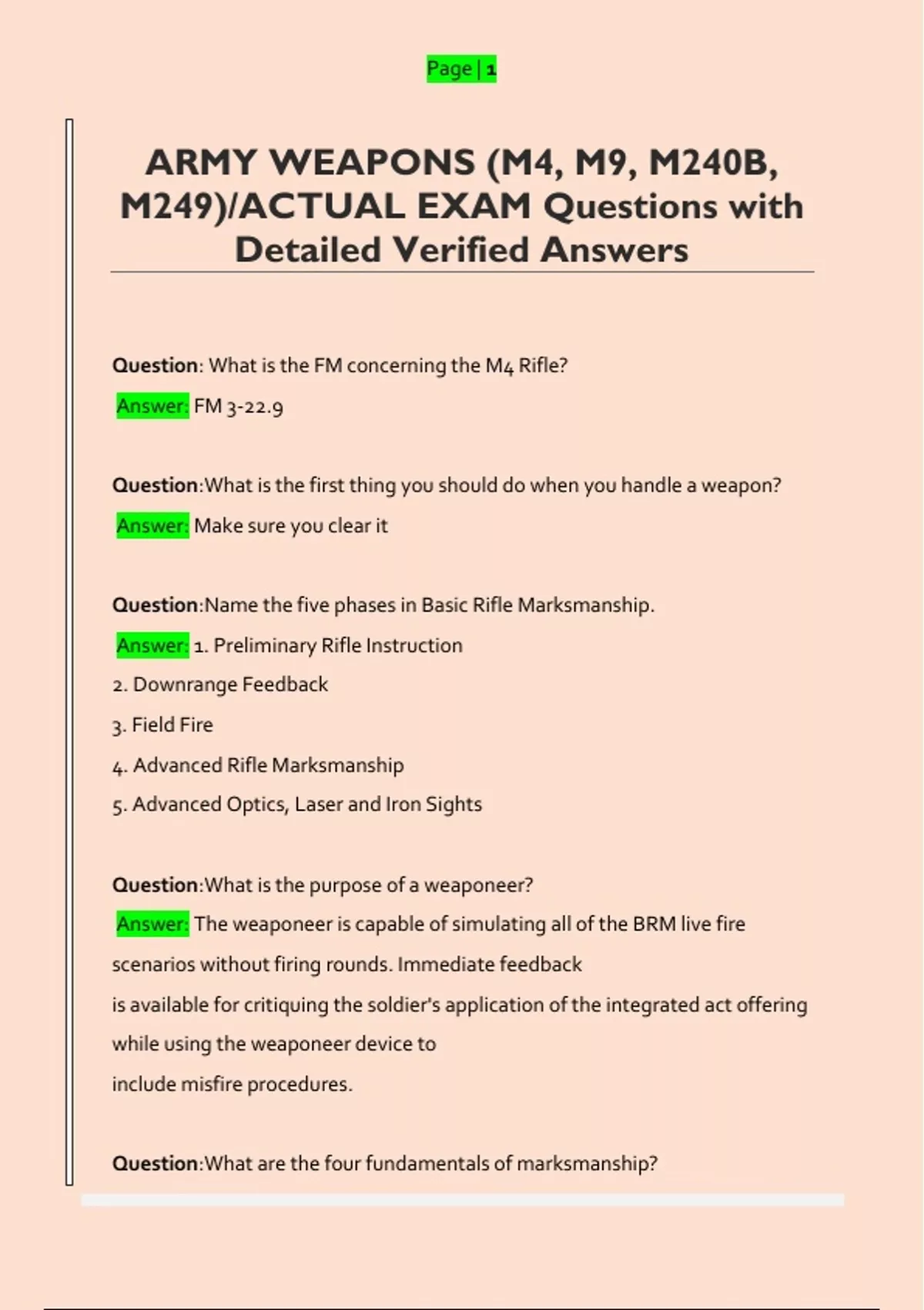 ARMY WEAPONS (M4, M9, M240B, M249)/ACTUAL EXAM Questions with Detailed ...