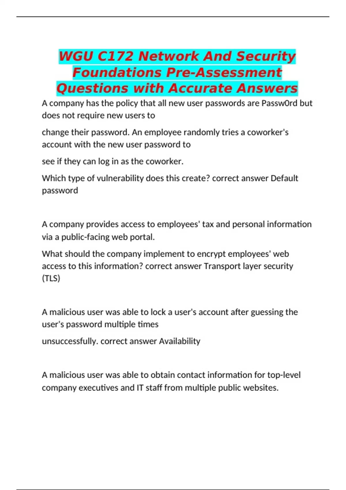 WGU C172 Network And Security Foundations Pre-Assessment Questions with Accurate Answers - WGU ...