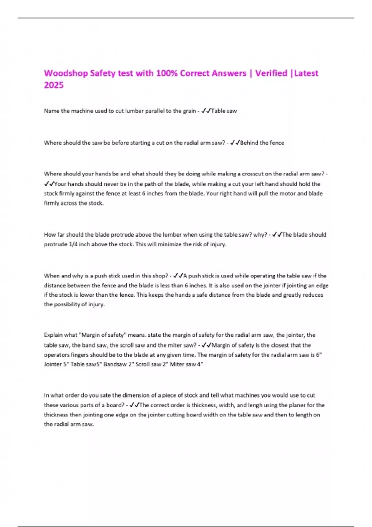 Woodshop Safety test with 100% Correct Answers | Verified |Latest 2025 ...