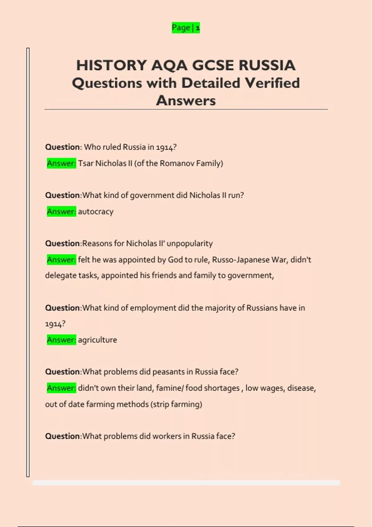 HISTORY AQA GCSE RUSSIA Questions with Detailed Verified Answers ...
