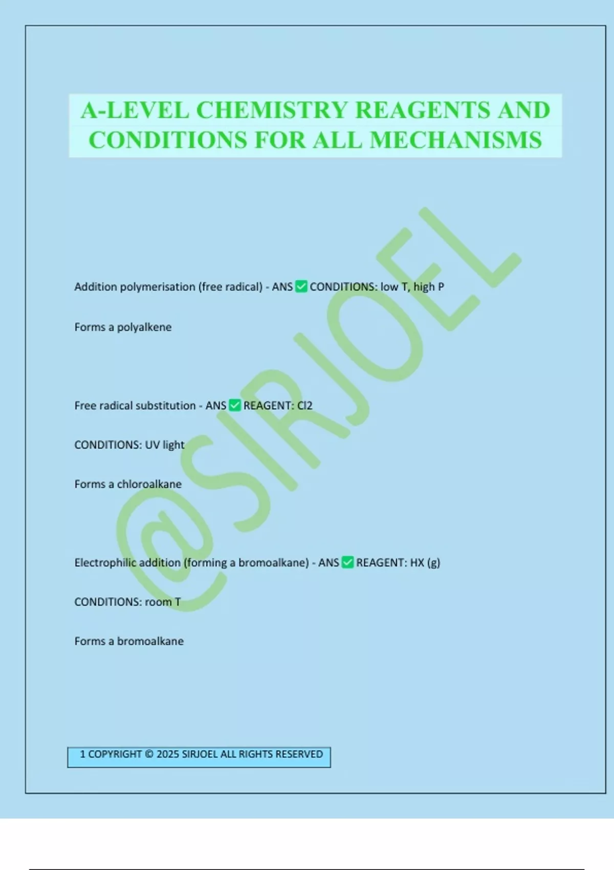 A-LEVEL CHEMISTRY REAGENTS AND CONDITIONS FOR ALL MECHANISMS ...