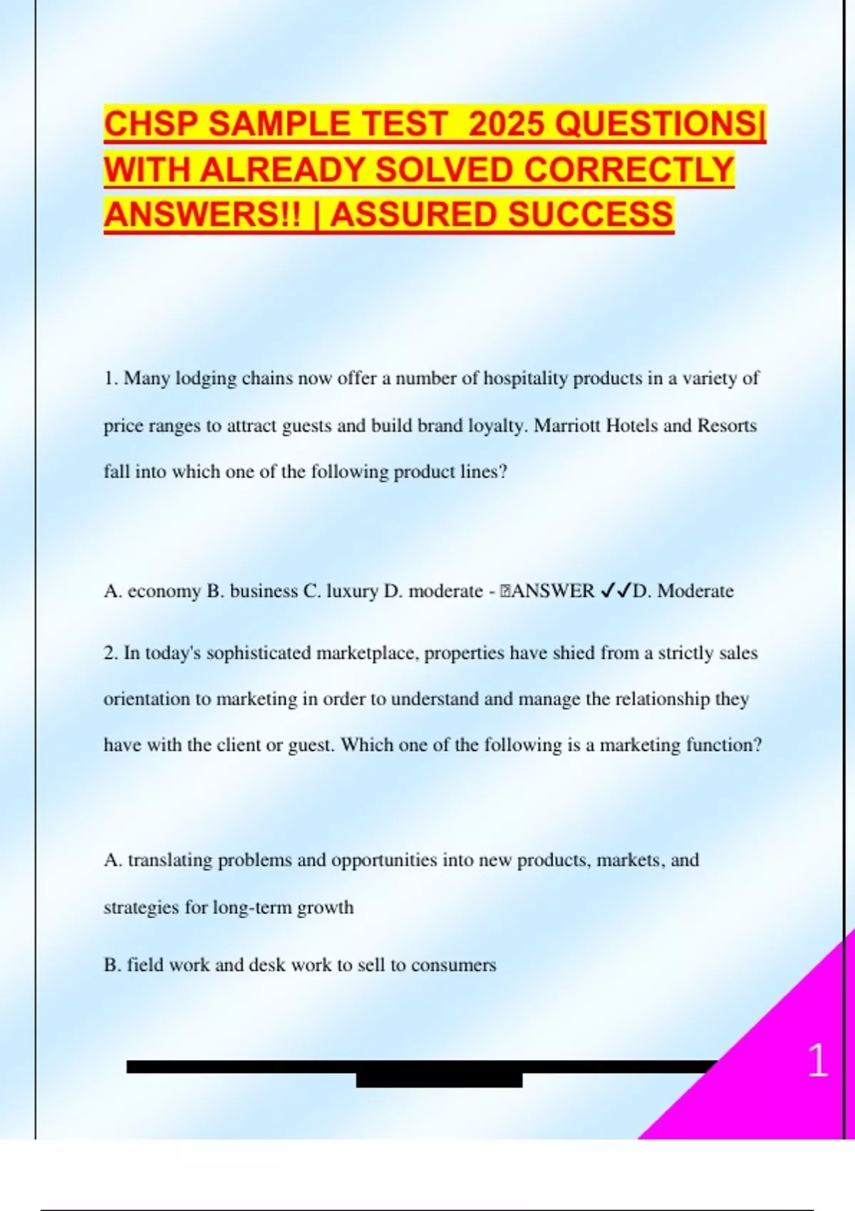 CHSP SAMPLE TEST 2025 QUESTIONS| WITH ALREADY SOLVED CORRECTLY ANSWERS ...